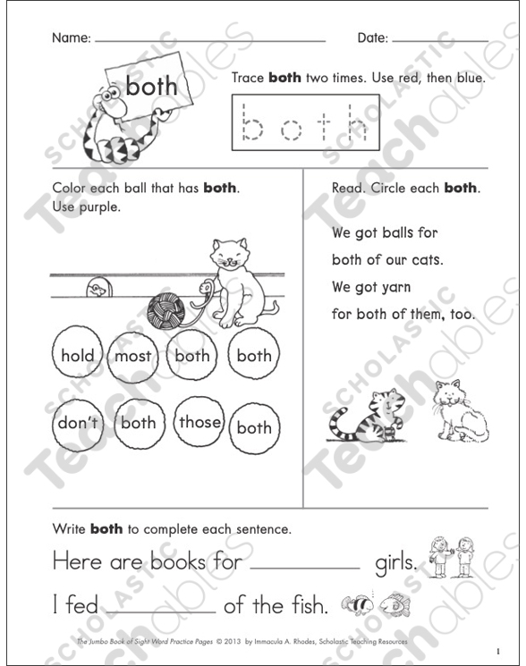 Sight Word Practice Page for “both” | Printable Skills Sheets