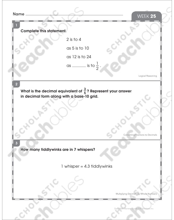 Week 25: 5th Grade Daily Math Starters | Printable Skills Sheets
