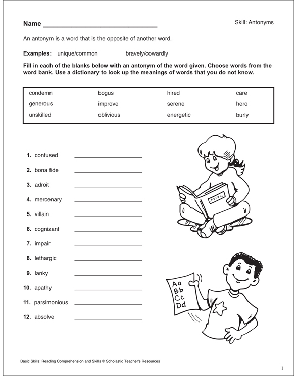 Antonyms: 6th Grade Reading Skills | Printable Skills Sheets
