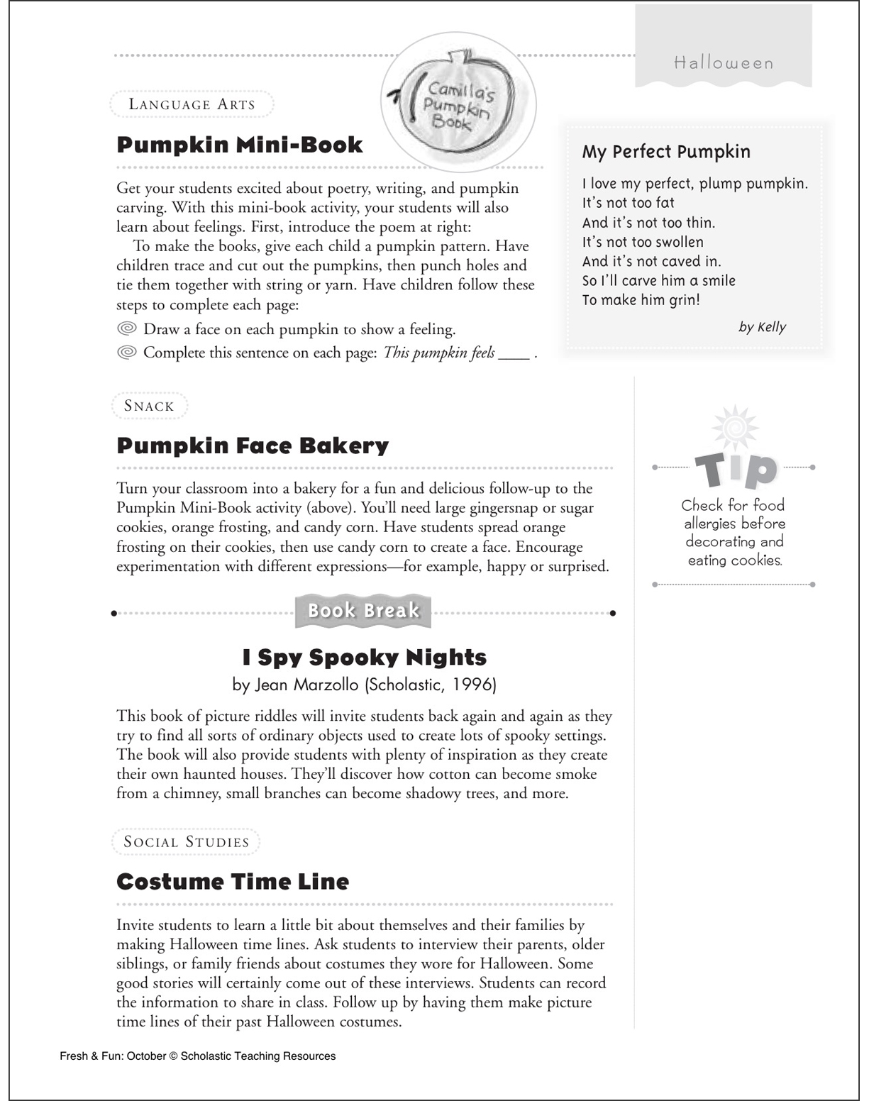 Pumpkin Mini-Book and Activities/Costume Time Line | Printable Lesson ...