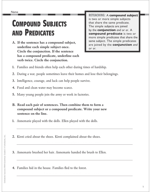 Compound Subjects & Predicates: Grammar Practice (Grade 5) | Printable ...