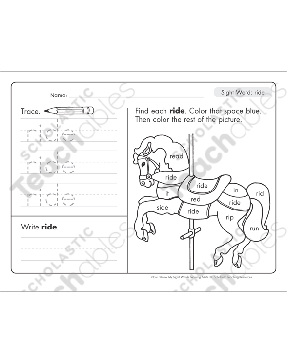 Sight Word (ride): Sight Words Learning Mat | Printable Skills Sheets
