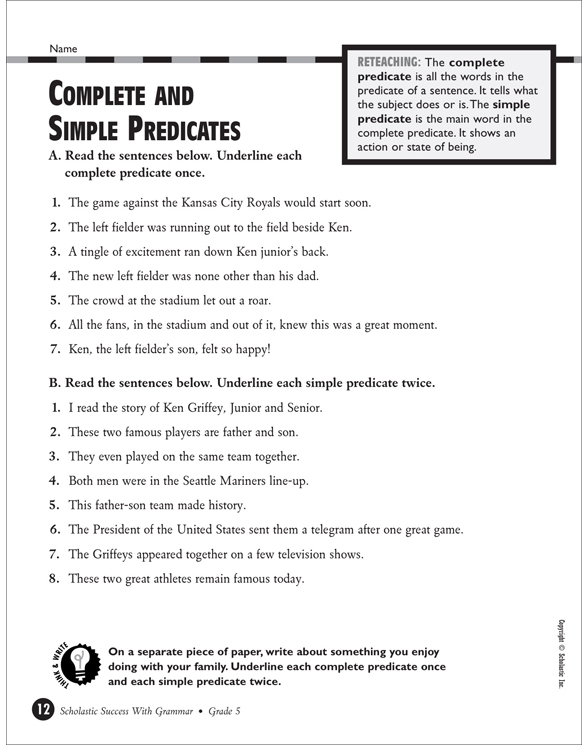 Complete And Simple Predicates Printable Test Prep Tests And Skills Sheets