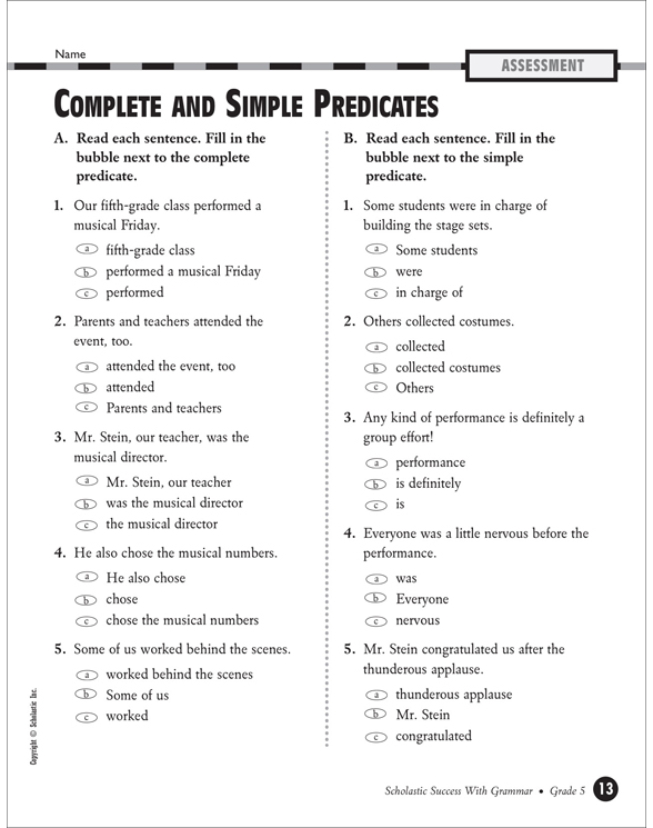 Complete And Simple Predicates Printable Test Prep Tests And Skills Sheets