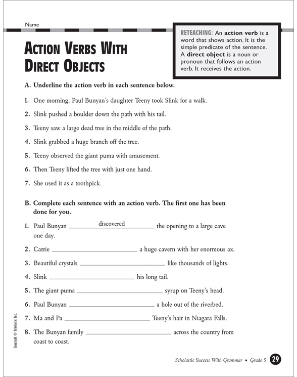 Action Verbs With Direct Objects - Grade 5 | Printable Test Prep, Tests ...