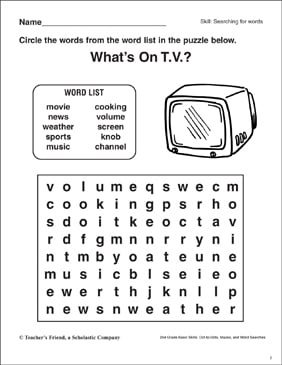 Word Search - Television | Printable Word Searches and Skills Sheets