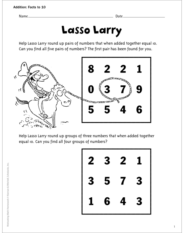 Lasso Larry (Addition Facts to 10) | Printable Skills Sheets