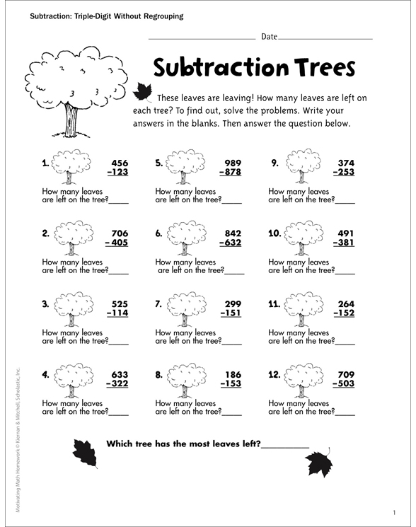 Subtraction Trees (Triple-Digits/Regrouping) | Printable Skills Sheets