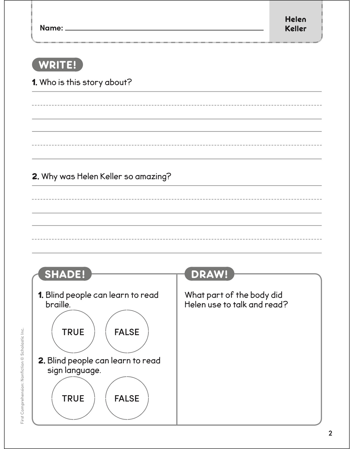 Helen Keller: First Comprehension (Nonfiction) | Printable Skills Sheets Helen Keller: First Comprehension (Nonfiction) | Printable Skills Sheets