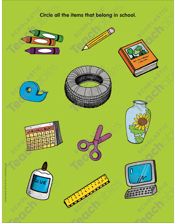 School Items: Find-and-Circle Page | Printable Skills Sheets