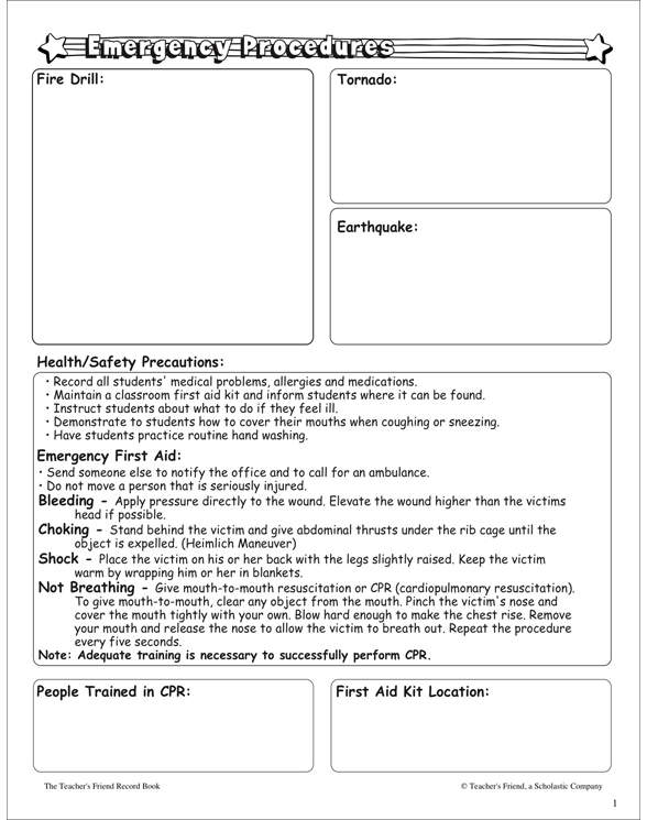 Emergency Procedures Form (Portrait) | Printable Forms and Record Sheets