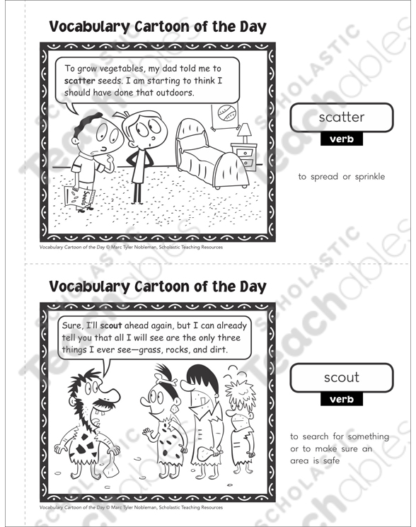 Verbs (scatter/scout): Vocabulary Cartoons | Printable Skills Sheets