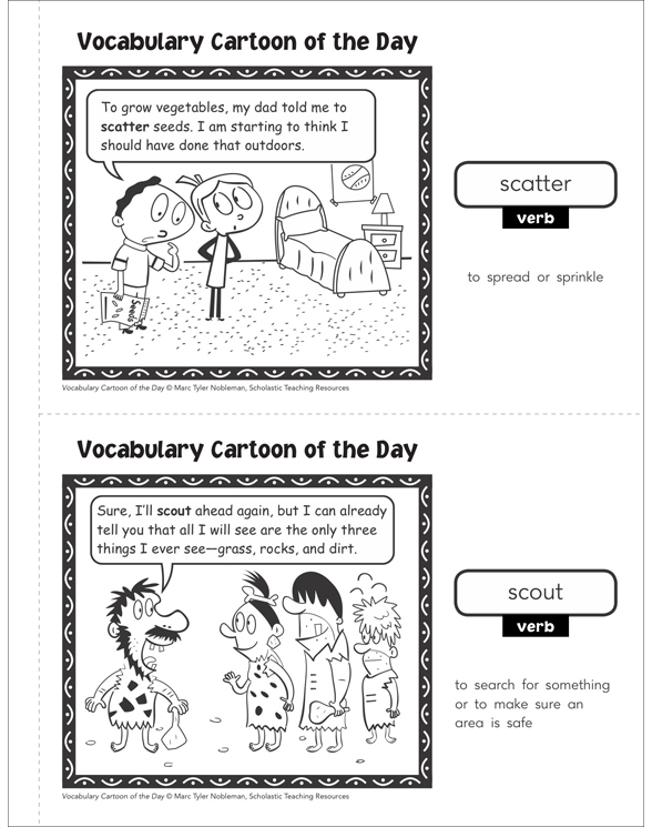 Verbs (scatter/scout): Vocabulary Cartoons | Printable Skills Sheets