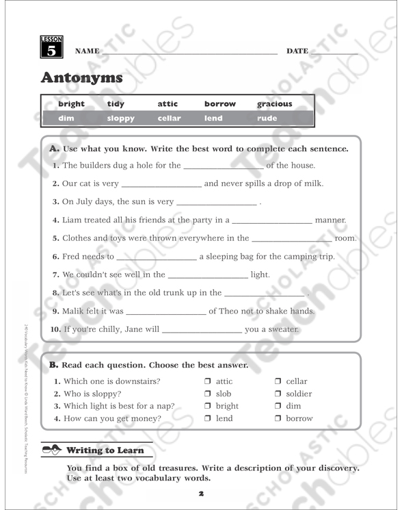 Antonyms: 3rd Grade Vocabulary | Printable Games, Puzzles and Skills Sheets