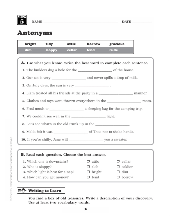 Antonyms: 3rd Grade Vocabulary | Printable Games, Puzzles and Skills Sheets