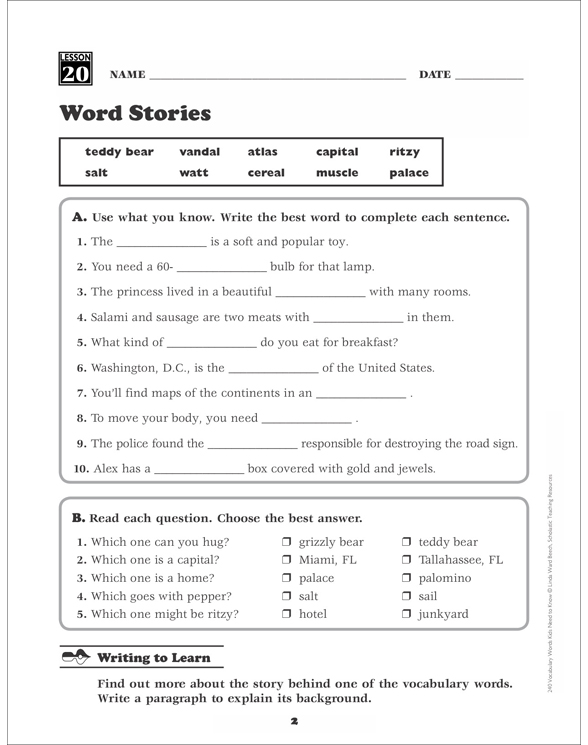Word Stories: Grade 3 Vocabulary | Printable Skills Sheets