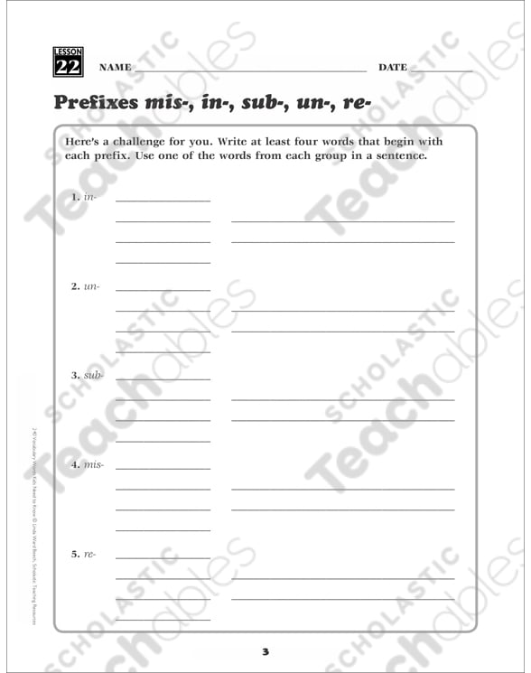 Prefixes (mis-, in-, sub-, un-, re-): 3rd Grade Vocabulary | Printable ...