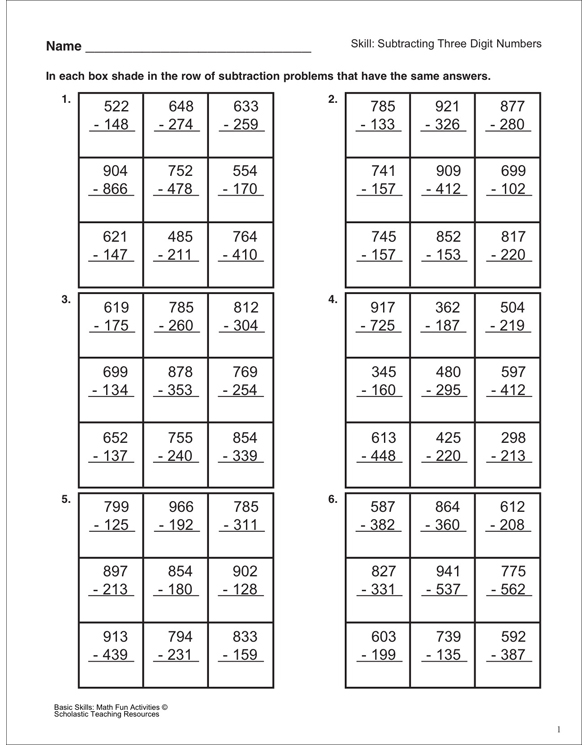 Two- and Three-Digit Subtraction - Tic-Tac-Toe | Printable Skills ...