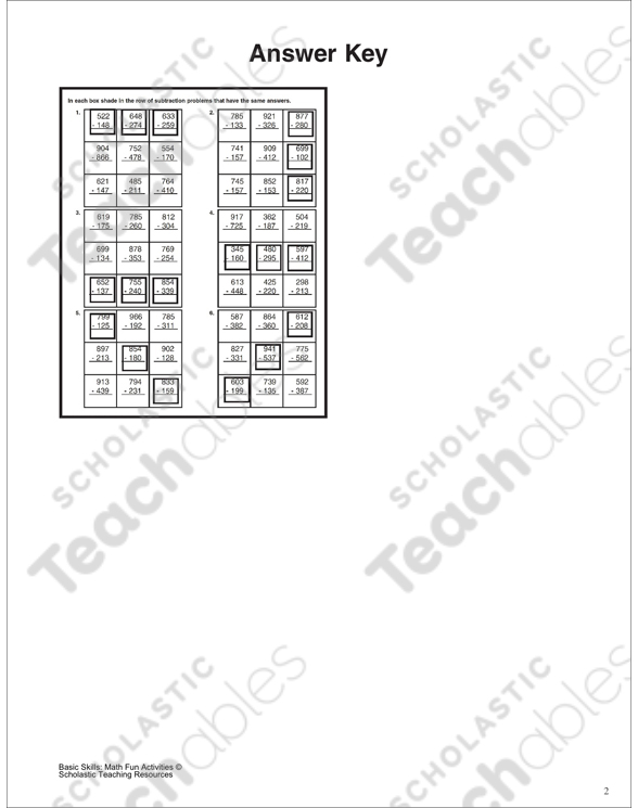 Two- and Three-Digit Subtraction - Tic-Tac-Toe | Printable Skills ...