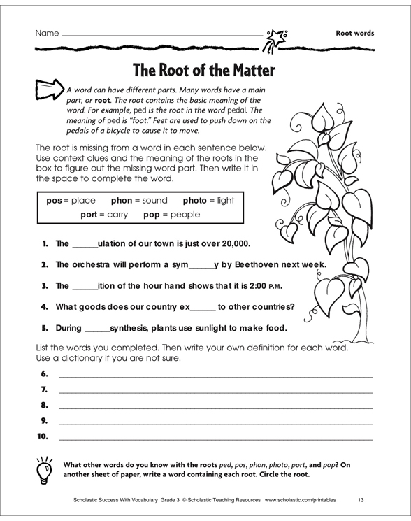 The Root of the Matter (Root Words–Grade 3) | Printable Skills Sheets
