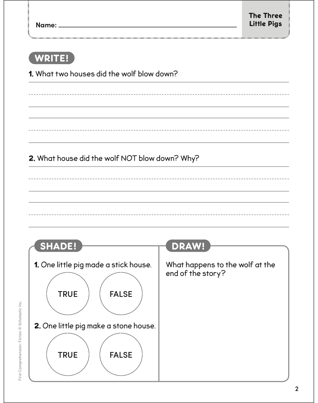 Three Little Pigs: First Comprehension (Fiction) | Printable Skills Sheets
