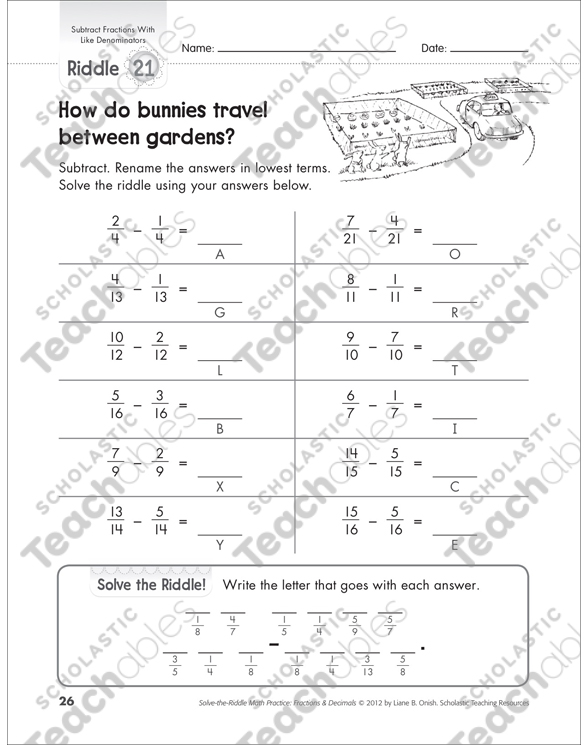 Solve-the-Riddle: Subtract Fractions With Like Denominators (Gr 3–5 ...