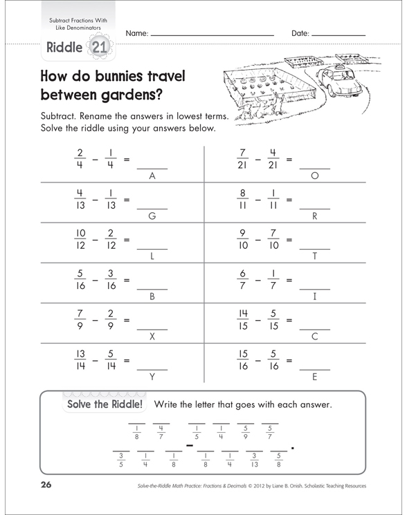 Solve-the-Riddle: Subtract Fractions With Like Denominators (Gr 3–5 ...
