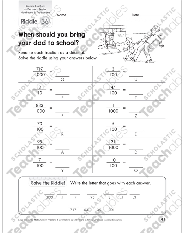Solve-the-Riddle: Rename Fractions as Decimals (Tenths, Hundredths ...