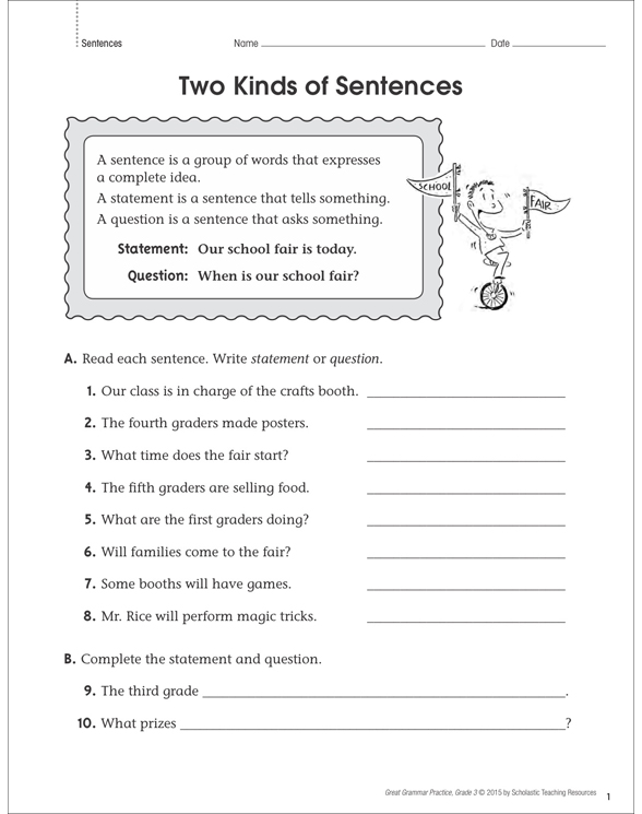 Two Kinds of Sentences: Grammar Practice Page | Printable Skills Sheets