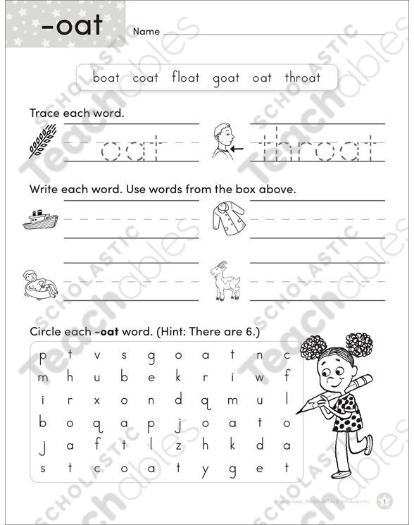 Word Family -oat: Write-N-Seek Practice Page | Printable Word Searches