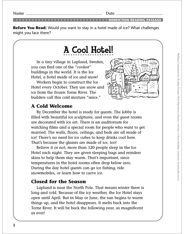 A Cool Hotel!: Comprehension Passage | Printable Skills Sheets and ...