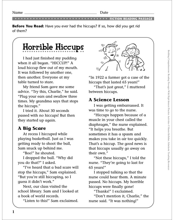 Horrible Hiccups: Comprehension Passage | Printable Skills Sheets and ...