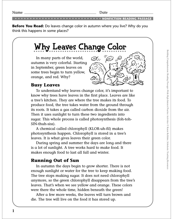 Why Leaves Change: Comprehension Passage | Printable Lesson Plans ...