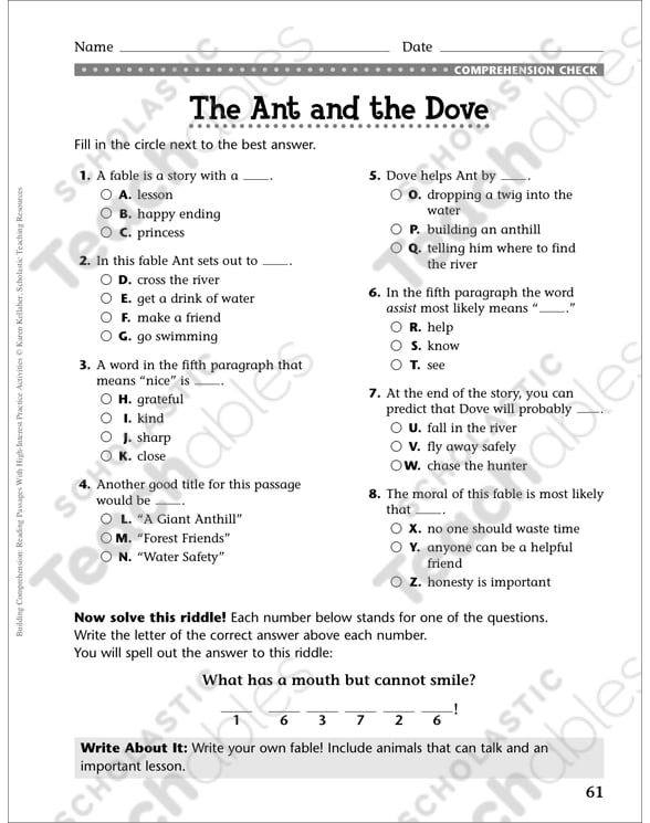 Ant and Dove: Comprehension Passage | Printable Skills Sheets
