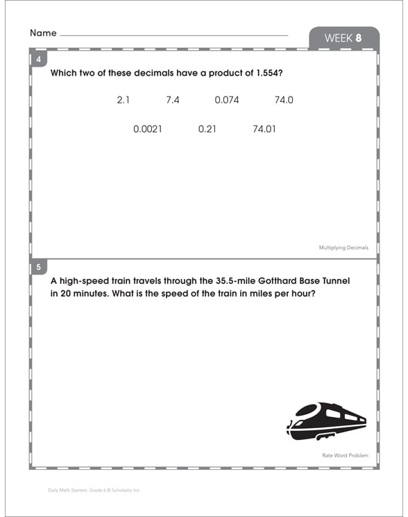 Week 8: 6th Grade Daily Math Starters | Printable Skills Sheets