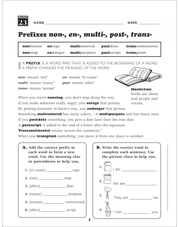 Prefixes (non-, en-, multi-, post-, trans-): Grade 4 Vocabulary ...