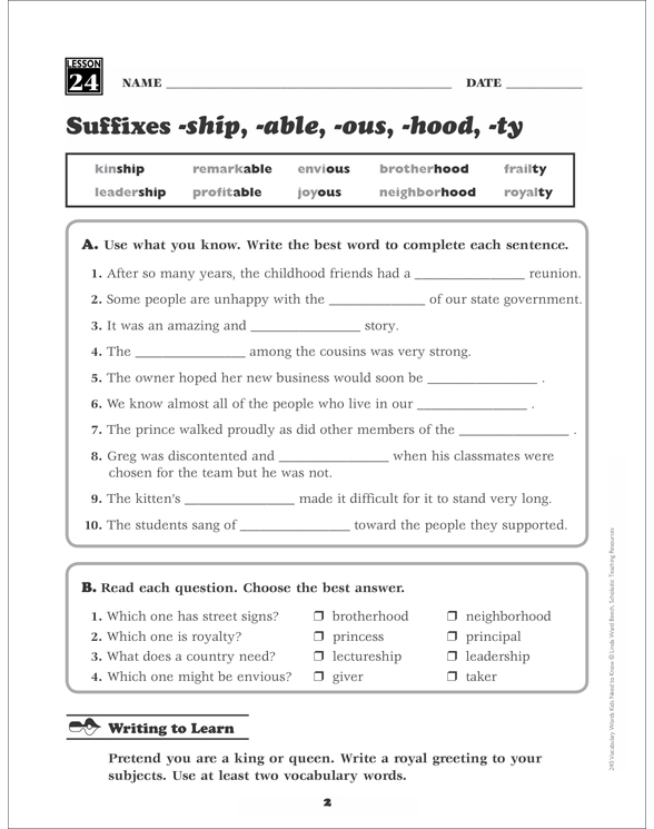 Suffixes (-ship, -able, -ous, -hood, -ty): Grade 4 Vocabulary ...