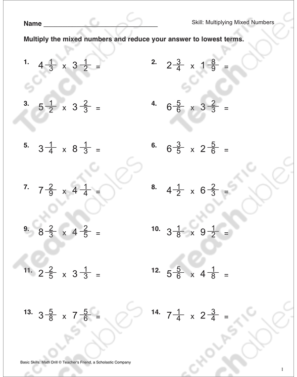 Multiplying Mixed Numbers | Printable Skills Sheets