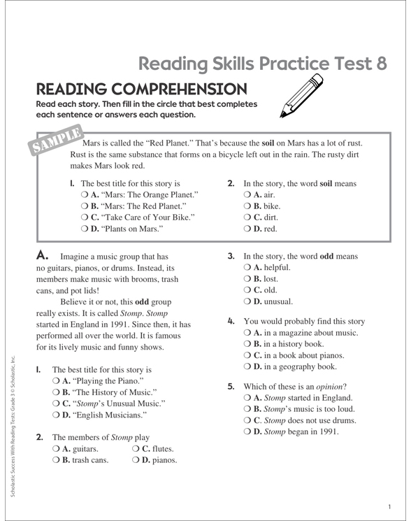 Reading Skills Practice Test 8 (Grade 3) | Printable Test Prep, Tests ...