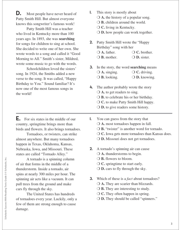 Reading Skills Practice Test 8 (Grade 3) | Printable Test Prep, Tests ...