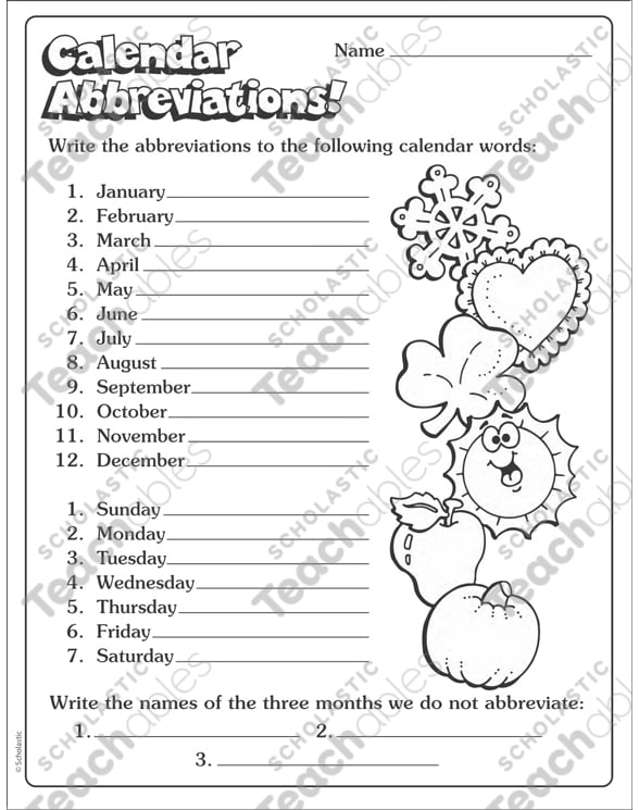 Day and Month Abbreviations | Printable Skills Sheets