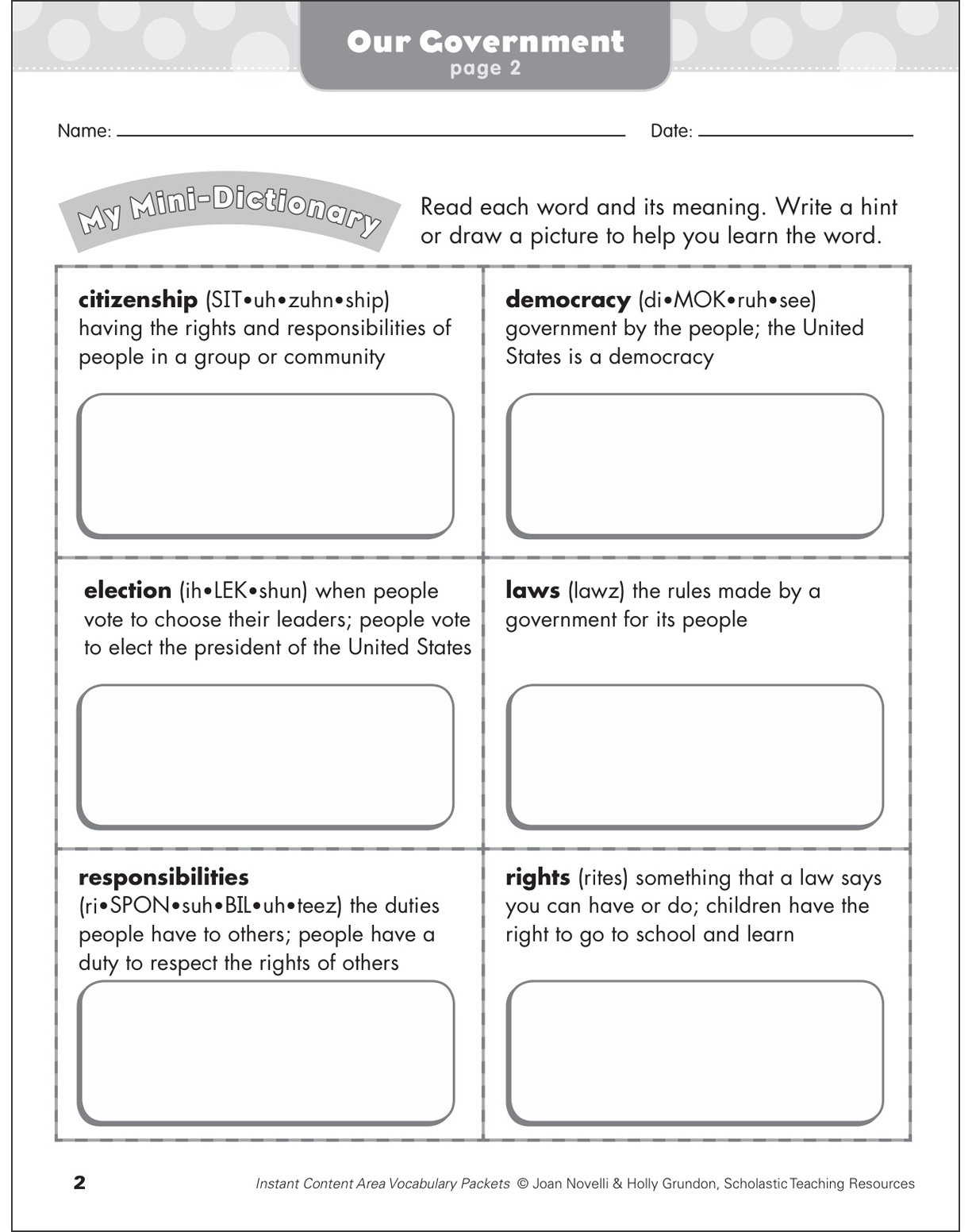 Our Government: Social Studies Vocabulary | Printable Skills Sheets