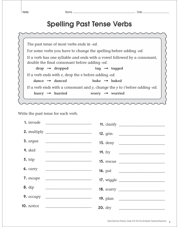 Spelling Past Tense Verbs Grammar Practice Page Printable Skills Sheets Spelling Past Tense Verbs Grammar Practice Page Printable Skills Sheets