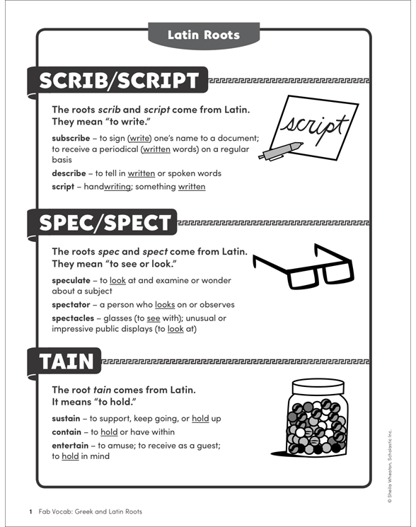 Fab Vocab Packet: scrib/script, spec/spect, tain | Printable Skills Sheets