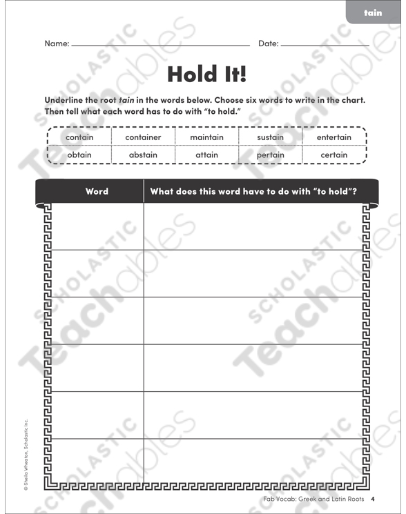 Fab Vocab Packet: scrib/script, spec/spect, tain | Printable Skills Sheets