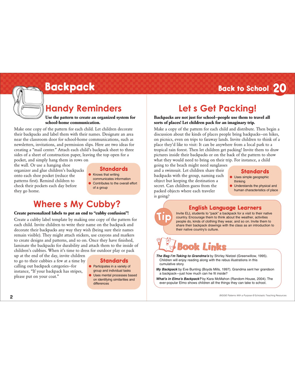 Backpack (Pattern & Activities) | Printable Lesson Plans, Ideas ...