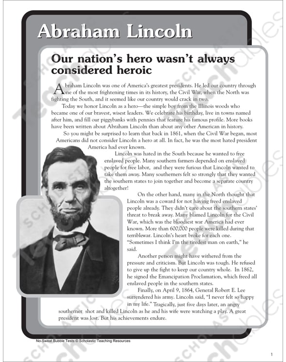 Free Abraham Lincoln Comprehension Worksheets Presidents Day George
