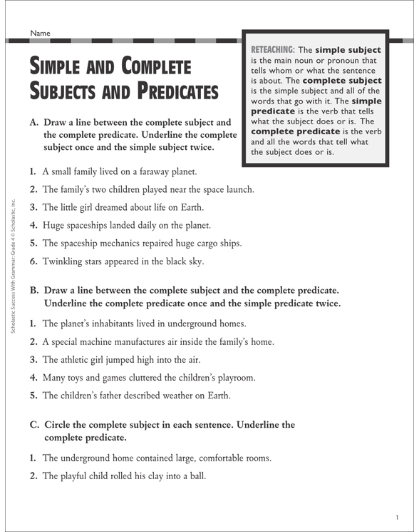 Simple And Complete Subjects And Predicates Grammar Practice Grades 3 4 Printable Test Prep