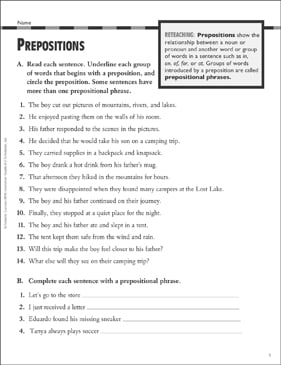 5th grade preposition test