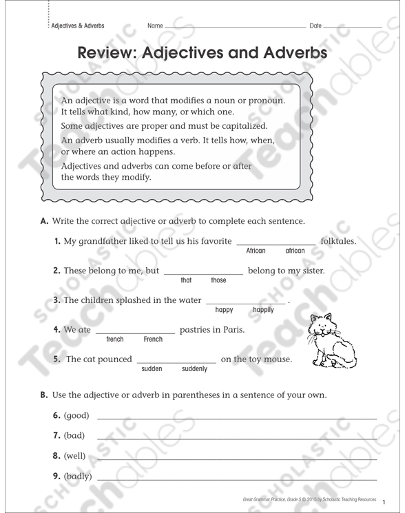 Adjectives & Adverbs Review: Grammar Practice Page | Printable Skills ...